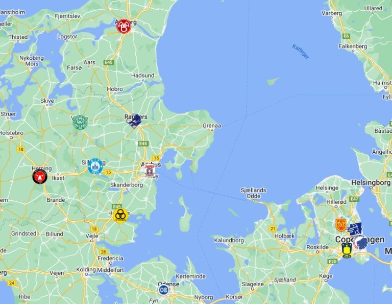 Danish Superliga Teams Map with logos | Danish Superliga Teams Location ...